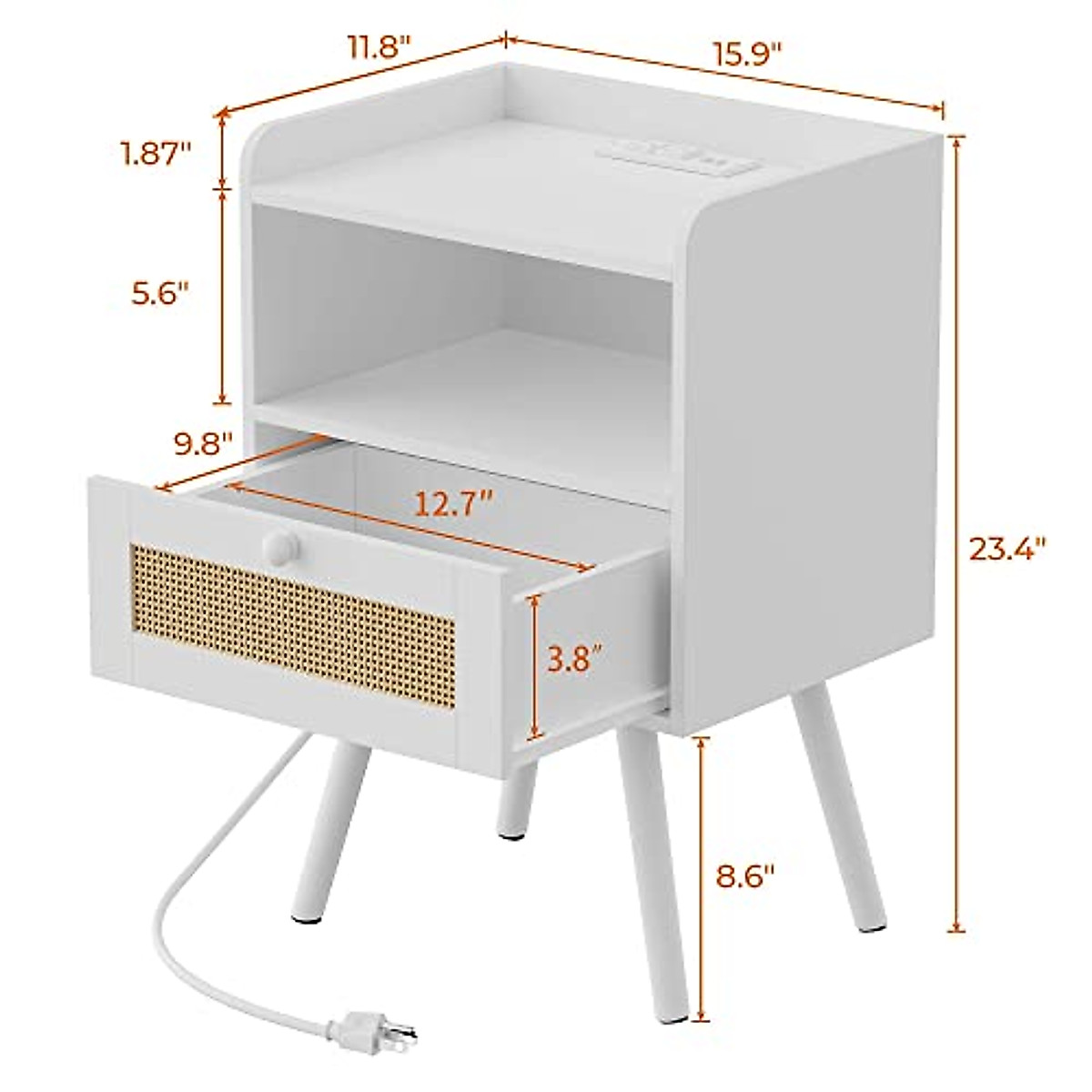 SUPERJARE Nightstands with Charging Station, Bedside Table Set of 2 with PE Rattan Drawers, Rattan Side Table with Storage & Solid Wood Feet, End Table for Bedroom, Living Room - White