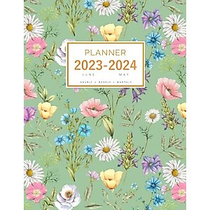 Planner June 2023-2024 May: 8.5 x 11 Large Notebook Organizer with Hourly Time Slots | Herb Wildflower Garden Design Green