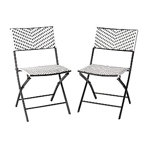 EMMA + OLIVER Ciel Two Piece Folding Bistro Chairs - Black and White PE Rattan - Black Metal Frames - Indoor/Outdoor Use