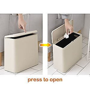 CWLL Modern Wastebasket Thin Trash Can,Small Rectangular Dog Proof Plastic Trash Bin,3.2 Gallon/12 Liter Slim Plastic Trash Can Wastebasket with Press Type Lid, Beige