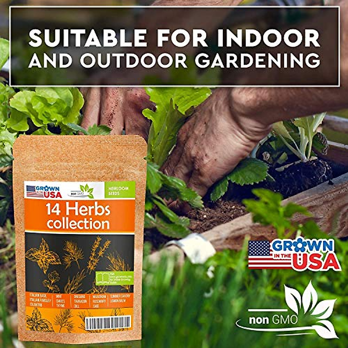 14 Culinary Herb Seeds Pack - Heirloom and Non GMO, Grown in USA - Indoor or Outdoor Garden - Basil, Parsley, Dill, Cilantro, Rosemary, Mint, Thyme, Oregano, Marjoram, Tarragon, Chives, Sage & More