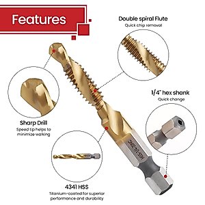 AIMLENTOOL 6PCS Combination Drill and Tap Bit Set, 3-in-1 Titanium Coated HSS Screw Tapping Bit for Drilling, Tapping and Deburring, SAE Size 6-32NC to 1/4-20NC, 1/4" Hex Shank and Storage Case
