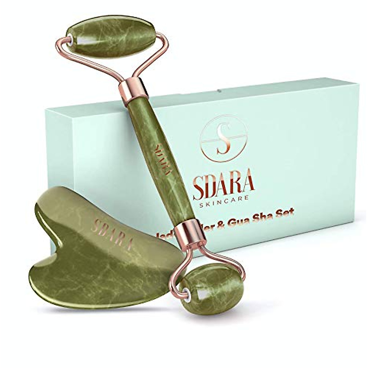 Sdara Jade Roller Gua Sha Set - Facial Roller and Massager for Slimming & Sculpting - Reduces Wrinkles & Eye Puffiness - Essential Skin Care Tools