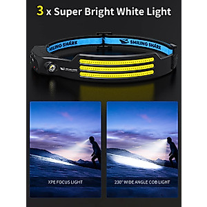 Smiling Shark LED Headlamp, 230°Wide Angle 3*White Light Strips The Brightest Head Lamp Rechargeable with Motion Sensor Waterproof Headlight for Camping Hiking Outdoor, Head-Lamp-LED-Frontale-Light