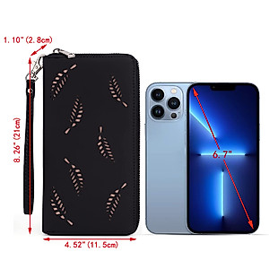 UTO Women Wallet Large Leather Hollow-Carved Leaf Card Holder Checkbook Passport Organizer Ladies Travel Clutch with Wristlet