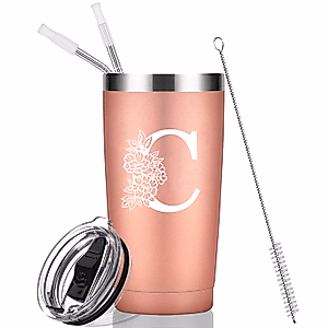 Leraverppy Personalized 20oz with Initial Stainless Steel Coffee，Leak Proof Rose Gold Tumbler with Lid And Straw Double Wall Thermal Cups for Hot and Cold Drinks Monogrammed Gifts for Women（C20-C）