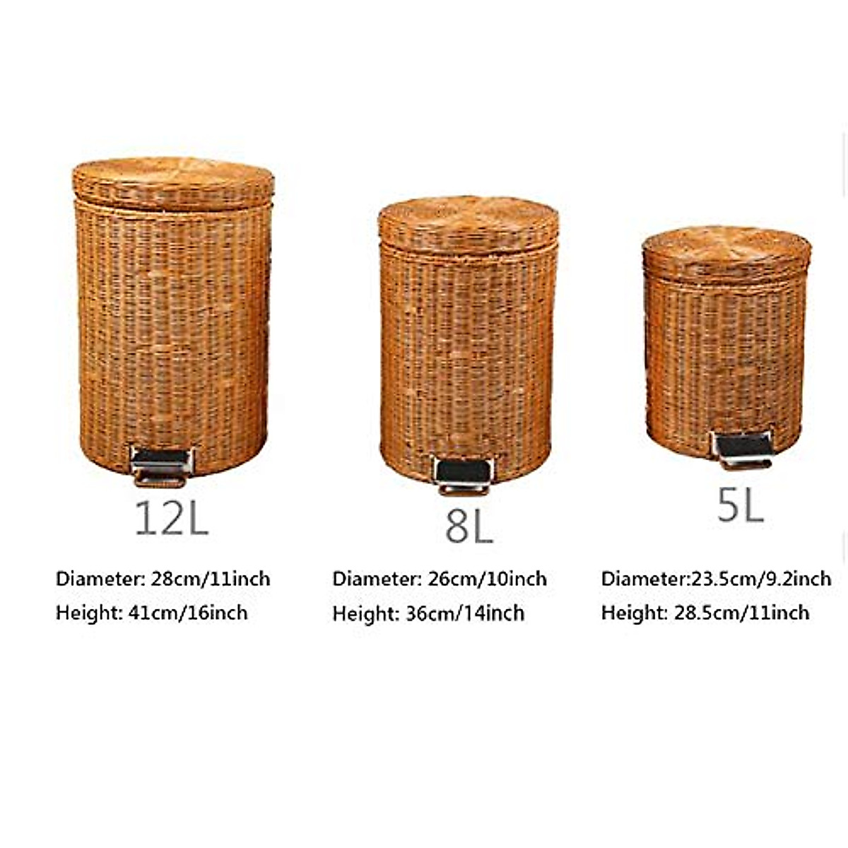 Wicker Trash Can with lid Bathroom, Rattan Step Trash Can for Kitchen Home, Silent Closure Garbage Can Removable Liner Bucket Wastebasket-H(2.1usgal(8L)