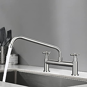 UMANYI Commercial Kitchen Faucet 8 Inch Center Stainless Steel Brushed Nickel Deck Mount Bridge Faucet 2 Hole 2 Handle Restaurant Laundry Utility Faucet, 11 Inch Spout SSKF10-3C