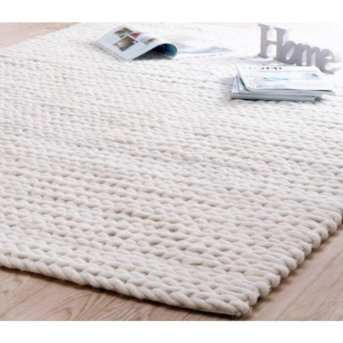 FRELISH DECOR Wool Cotton Premium Hand Woven Braided Chunky Cable Rug - Contemporary Area Rug for Living Room Bedroom (8' x 10' - Ivory)