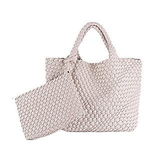 Woven Tote Bag, Women Macaron Soft Leather Weave Handbag Purse Wrist Bag Large Capacity Work Shopping Travel Daily (Beige)