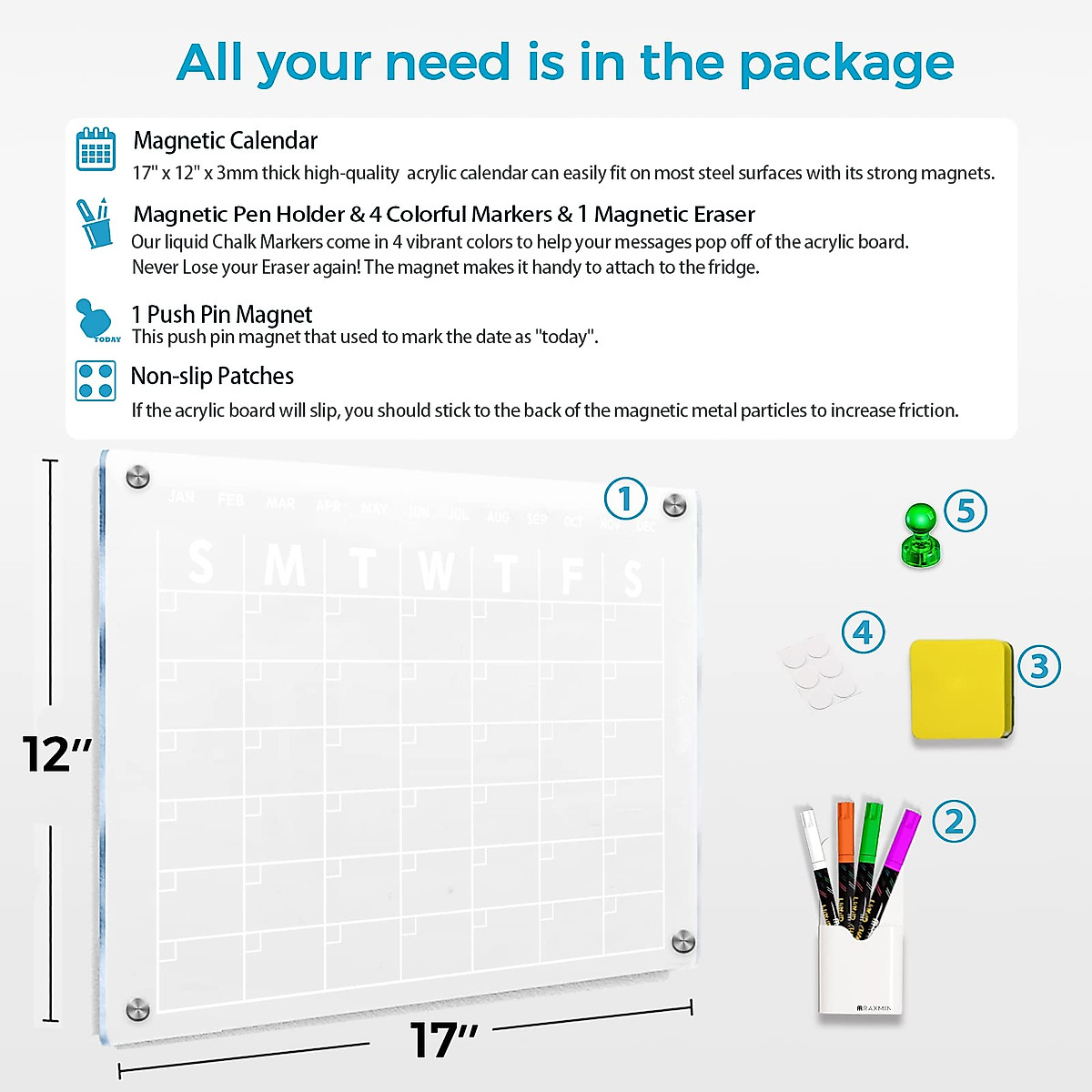 Magnetic Acrylic Calendar for Fridge 17"x12" Clear Dry Erase Calendar Board for Refrigerator Includes 4 Dry Erase Markers and Eraser