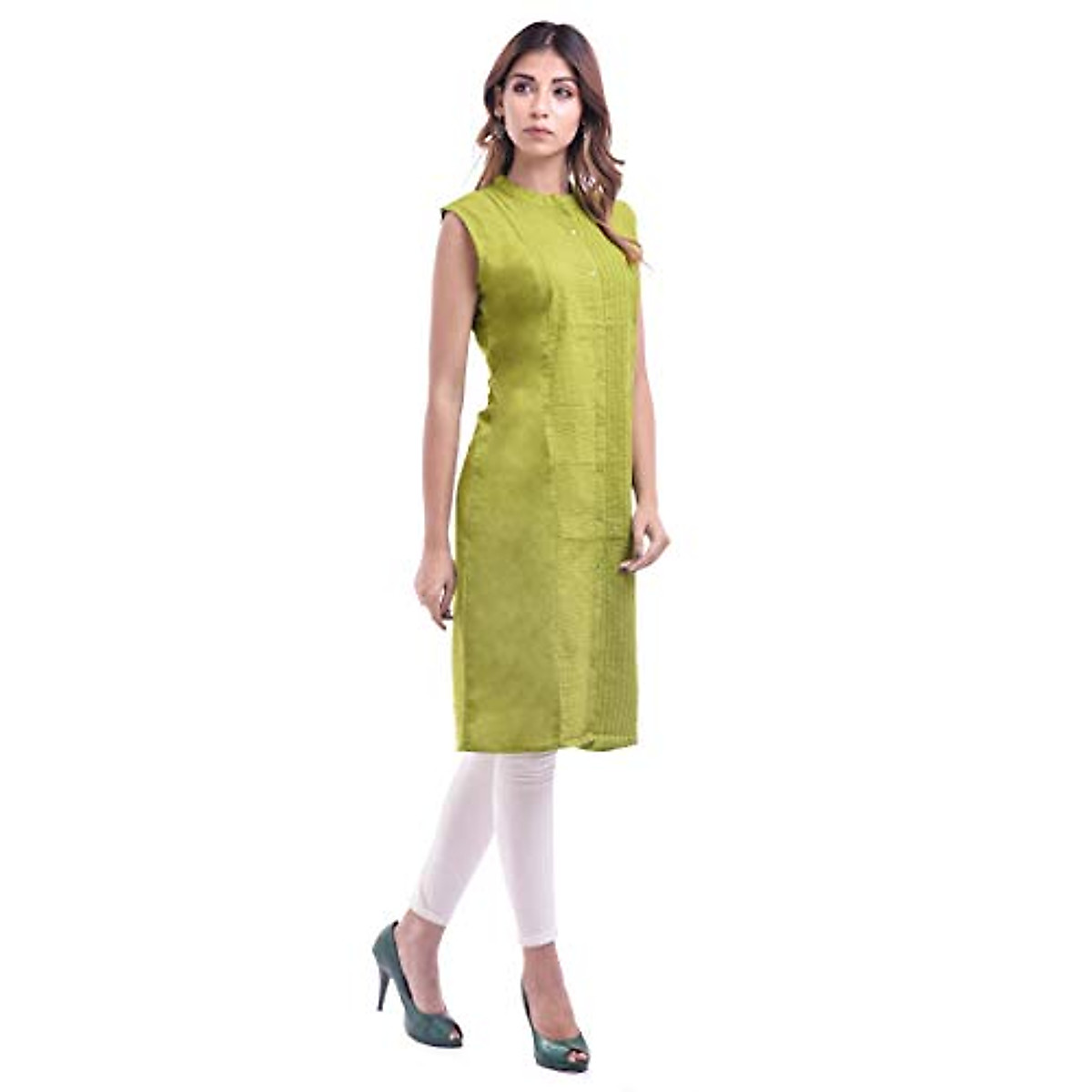 Chichi Indian Women's Cotton Plain Green Kurti Sleeveless Top