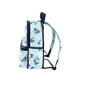 LeSportsac Ribbons Of Hope Basic Backpack/Rucksack, Style 7812/Color G823, Artful Indigo & Violet Iris Flowers, Elegant White Ribbons, Dreamy Aqua Blue Bag, Cancer Awareness