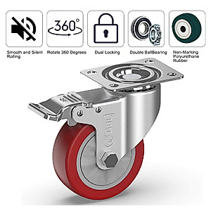 GBL 4" Heavy Duty Caster Wheels with 2 Brakes + Bolts and Nuts - up to 1320Lbs - Set of 4 No Floor Marks Silent Castor for Furniture - Trolley Pallet Swivel Wheels - Silver Casters