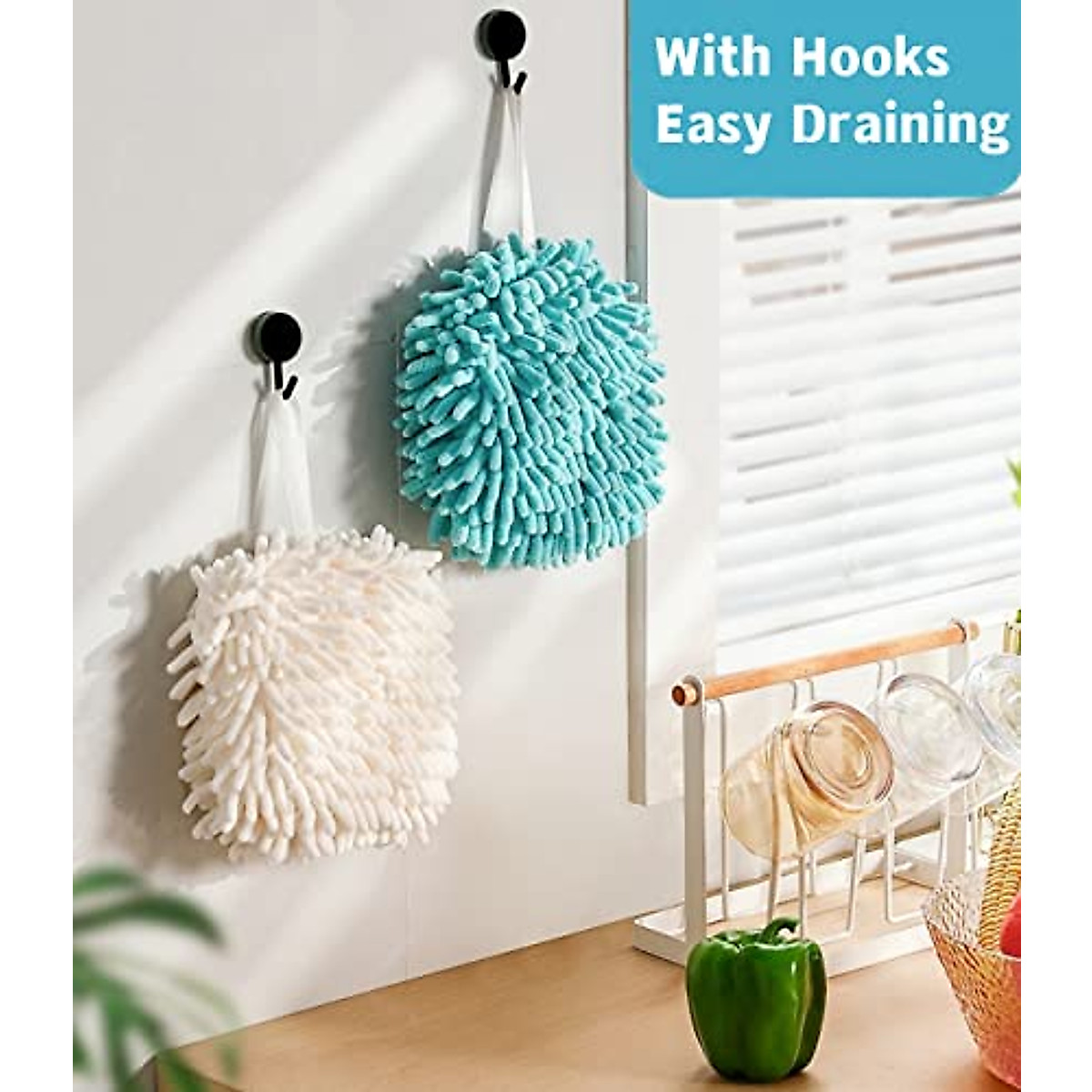 Chenille Hand Towels Set of 4, Enlarge 7.5 Inch Soft Highly-Absorbent Fast Drying Fuzzy Ball Hand Towels with 4 Hooks for Bathroom & Kitchen (2 Grey+2 Blue)