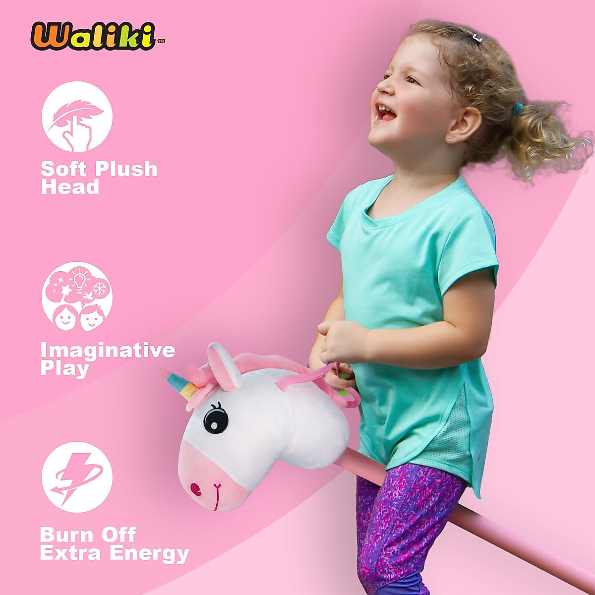 WALIKI Unicorn Stick Horse Toy for 2, 3, 4, 5, 6 & 7 Year Old Girls | Cute Birthday Gift for Little Girls | Pretend Play Pony for Toddlers & Preschoolers