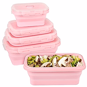 Keweis Silicone Food Storage Containers with Lids, Collapsible Silicone Lunch Box Bento Boxes, Meal Prep Container for Kitchen, BPA Free, Microwave Freezer and Dishwasher Safe, Set of 4 - Square Pink