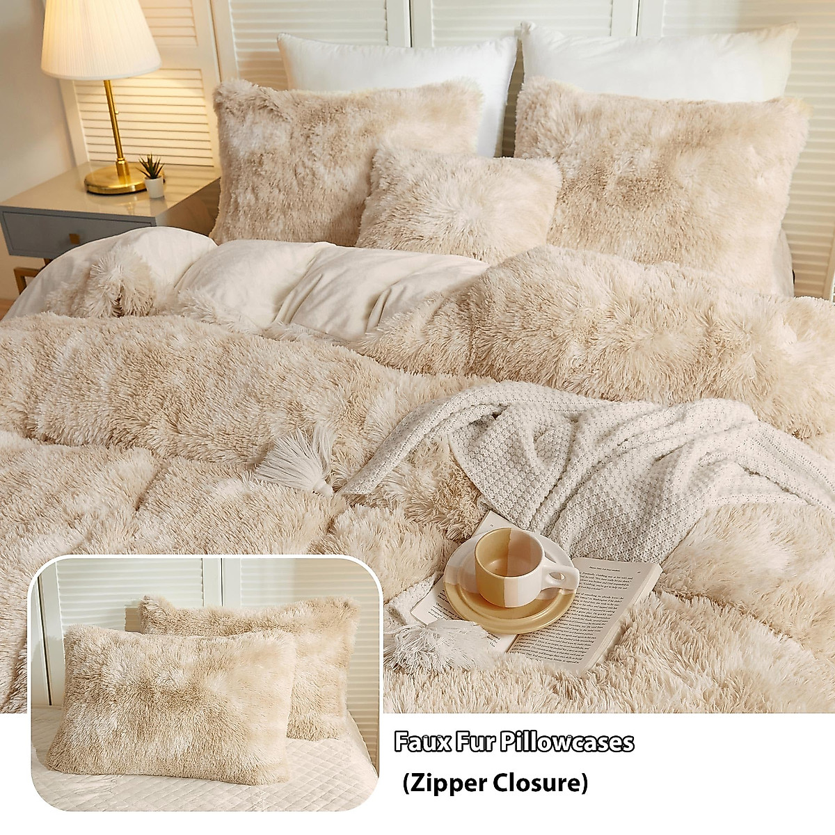 LIFEREVO Luxury Fluffy Faux Fur Duvet Cover Set, Tie Dye Plush Fuzzy Duvet Cover Set(1 Print Shaggy Comforter Cover+2 Furry Pillow Shams)Bedding Set, Zipper Closure(Full/Queen, Off White/Light Beige)