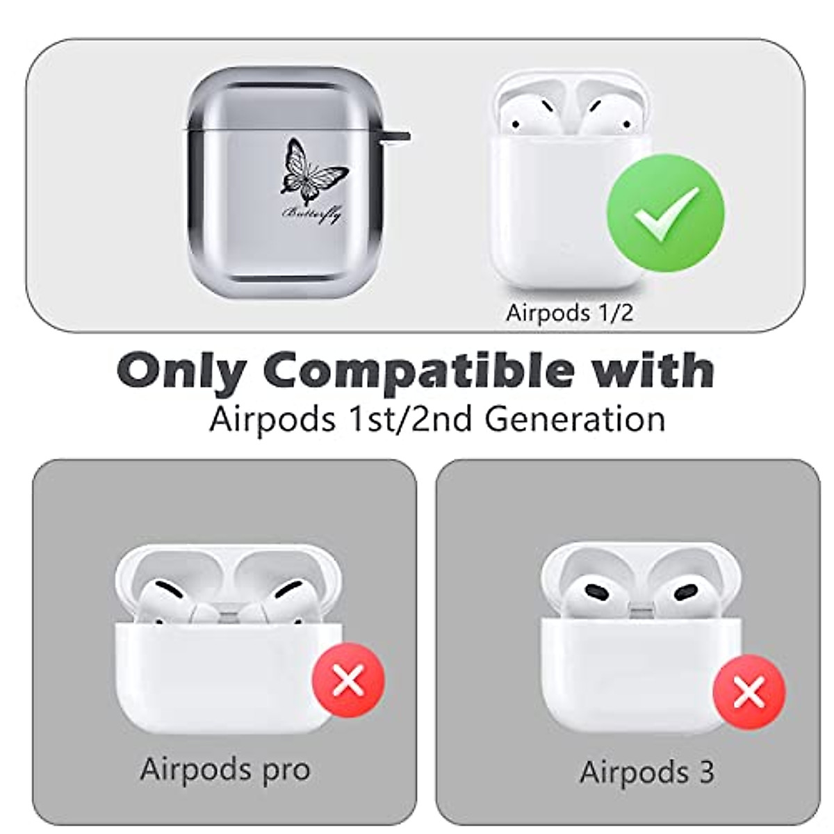 Cute AirPods Case with Beautiful Butterfly Pendant, Soft Silicone Protective Electroplating Cover Compatible with 2nd and 1st Generation Case