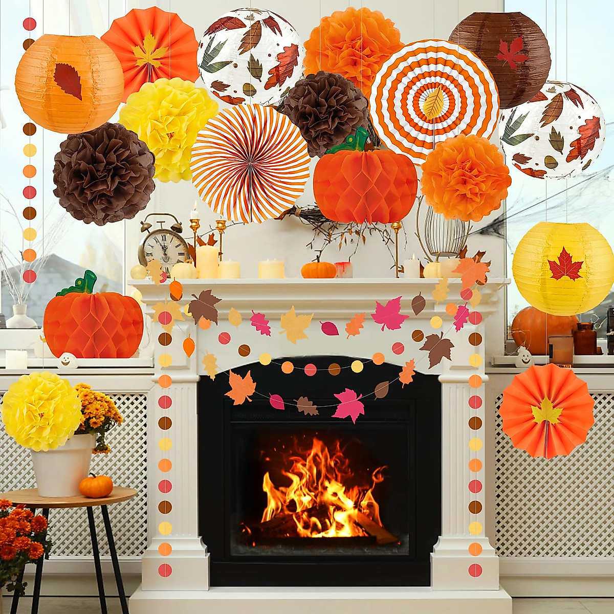 Fall Thanksgiving Party Decorations Supplies, Autumn Maple Leaves Garland Hanging Paper Lanterns Tissue Pumpkin Honeycombs Fans Pom Poms Flowers for Birthday Baby Shower Home Decor Indoor Outdoor