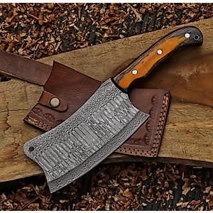 Handmade Damascus Steel Meat Cleaver Knife Full tang Kitchen Knife for Home and Outdoor, Butcher knife, Chopper knife with Real Leather Sheath