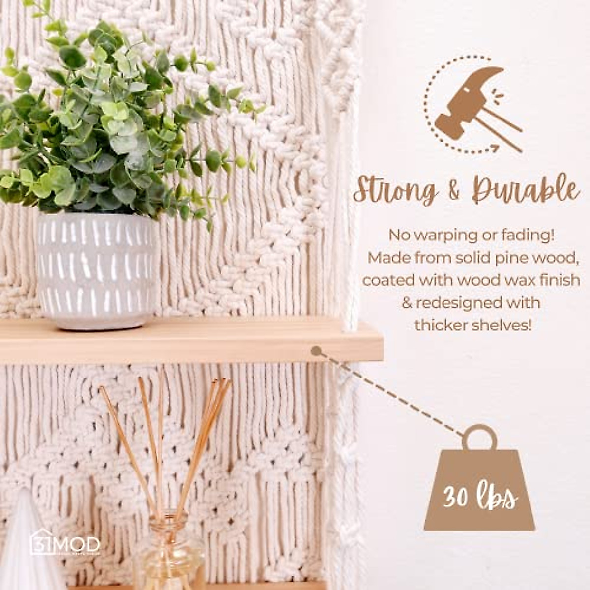 31Mod Macrame Wall Hanging Shelf with Enhanced Solid Wood Shelves and Handmade Macrame to Organize Plants and Decor — 3 Tier Macrame Shelf Wall Hanging for Kitchen, Bathroom, Home Storage, Plants