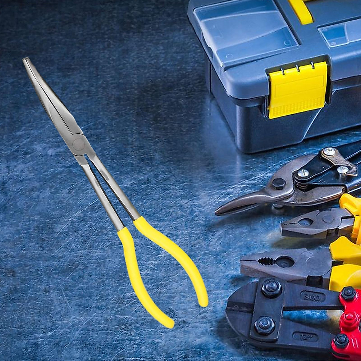 BQKKWIN 11 Inch Long Reach Long Nose Pliers | Designed for Mechanics, Technicians, and Contractors | Work with Delicate or Difficult-to-Reach Pieces | Milled-Jaws | Steel “25 Degree Bent Nose Plier