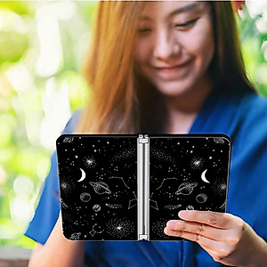 BWEGRHE Moon Spaceship Designed for 8.1" Microsoft Surface Duo Case, Full Cover Ultra Thin PU Leather Back Hard PC Phone Case for Microsoft Surface Duo (2020)