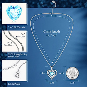 March Birthstone Necklace for Women Sterling Silver Forever Love Heart Pendant Created Aquamarine Necklace Jewelry Anniversary Birthday Gifts for Wife Grandma, 2PCS Silver Chains Length 17.7"+2"