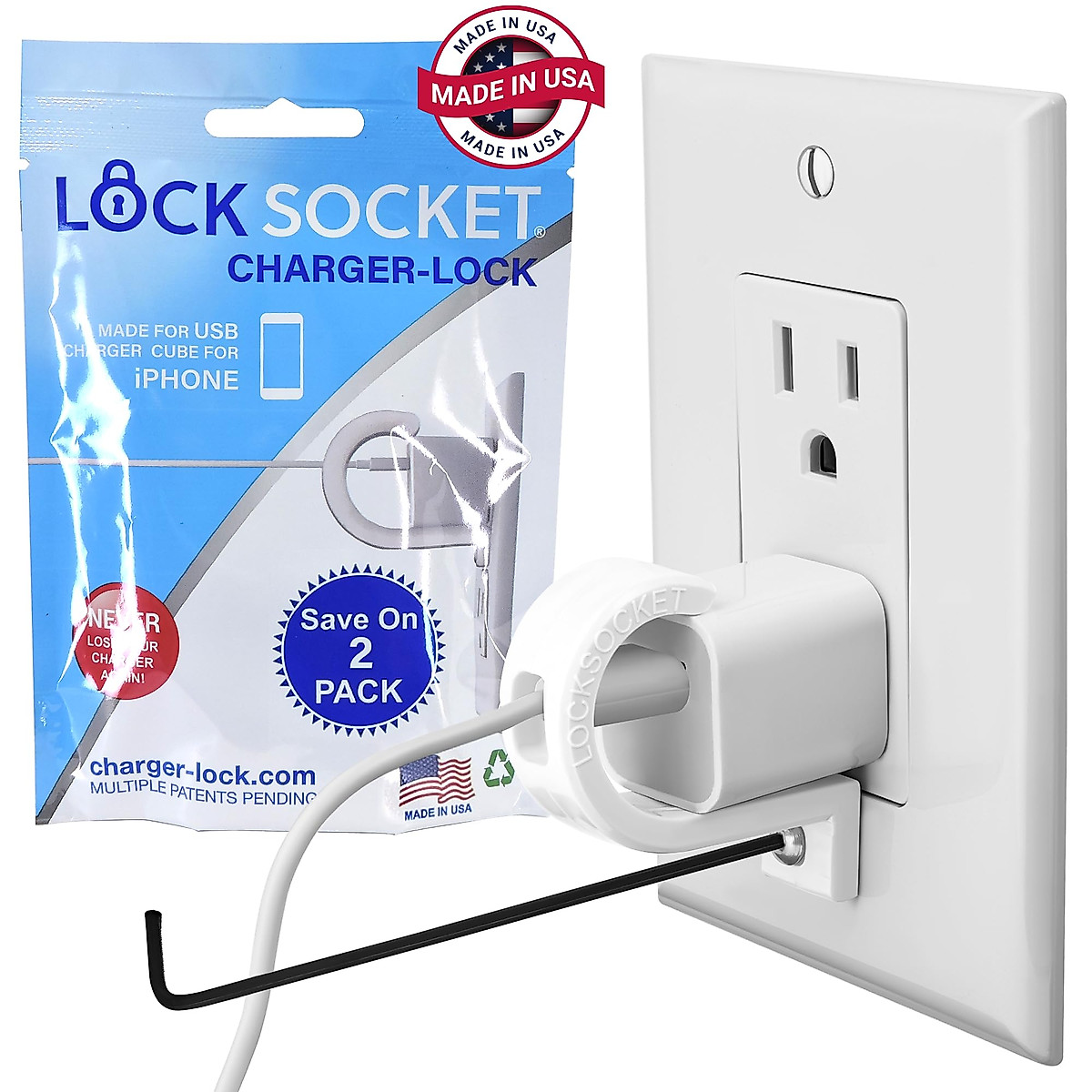 LOCK SOCKET Charger Lock - Anti Theft Cord & Outlet Lock, Firmly Secures Phone Chargers from Unplugging, for USB Charging Cube for iPhone, Includes Security Screw & Allen Wrench. 2 Pack