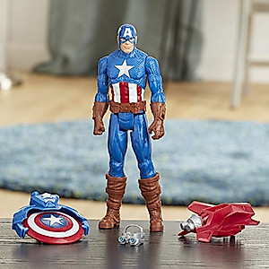Avengers Marvel Titan Hero Series Blast Gear Captain America, 12-Inch Toy, with Launcher, 2 Accessories and Projectile, Ages 4 and Up , Blue