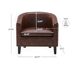 BELLEZE Accent Barrel Chair, Modern Tub Club Chair Upholstered Armchair for Living Room, Faux Leather Chair with Gold Nail Head Trim Black Legs - Kyara (Brown)