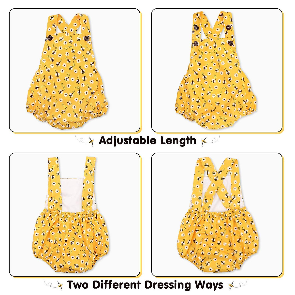 Eunikroko Honey Bee Romper with Headband for Baby Girls First Birthday Yellow Bumble Bee Outfit for First Bee-Day Cake Smash Photoshoots Supplies