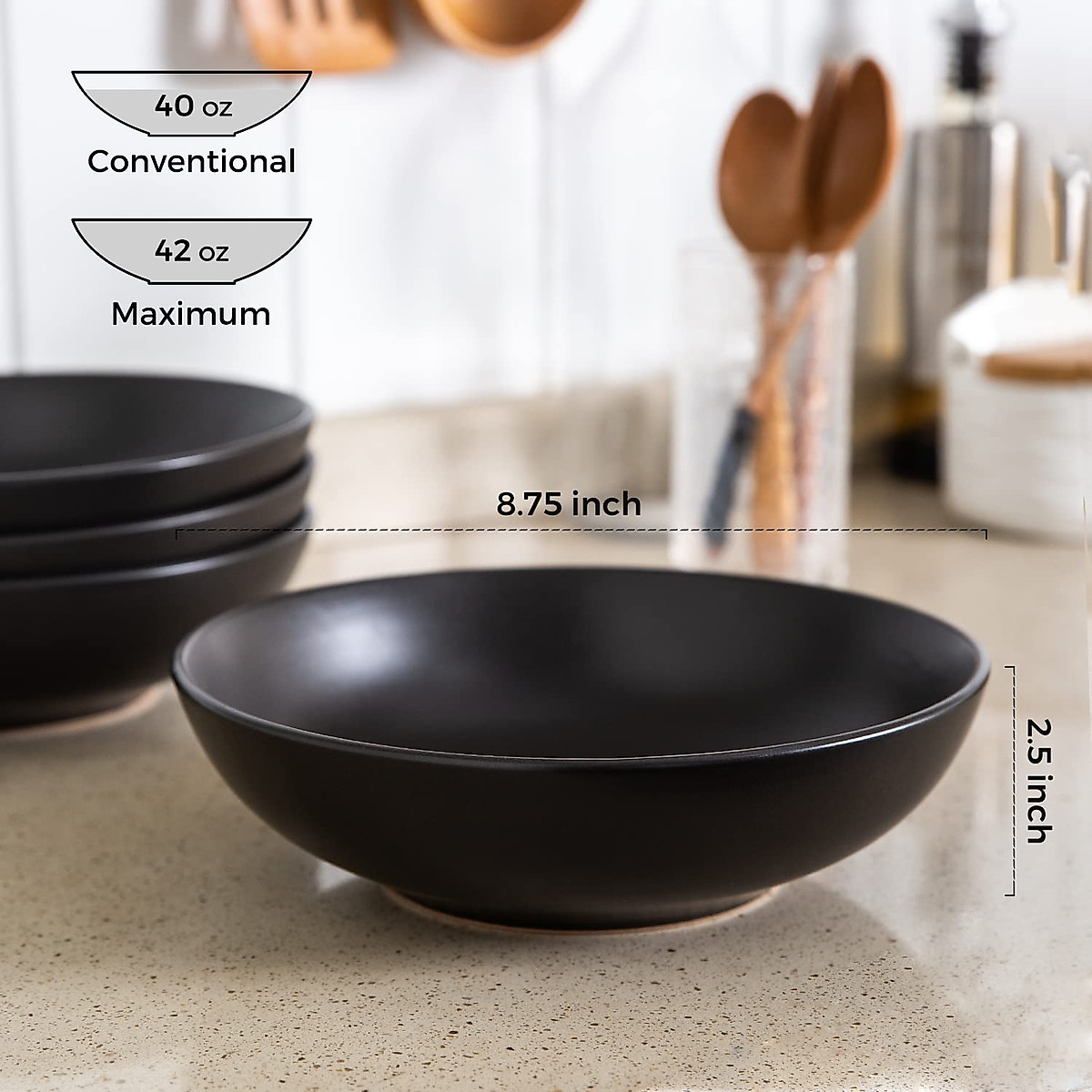 AmorArc 8.75‘’ Large Pasta Bowls, 42 ounce Deep Stoneware Bowls Set of 4 for Kitchen, Wide Bowls for Pasta/Salad/Fruit/Oatmeal/Soup, Microwave&Dishwasher Safe-Matte Black