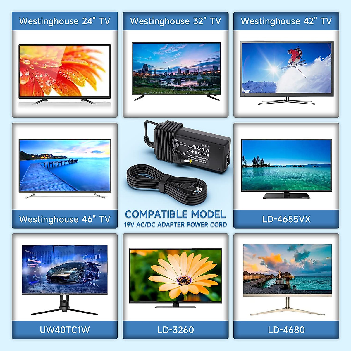 19V Power Cord for Westinghouse TV 24 32 40 42 46 inch, Charger for LD-2480, LD-3255VX, LD-4255VX, LD-4680, LD-4695, UW40TA2W, UW32SC1W, UW32S3PW, UW40TC1W Monitor Power Supply