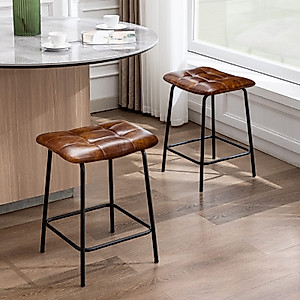 DUHOME 24” Square Tufted Counter Bar Stools Set of 2, Breathable Faux Leather Upholstered Barstool with Footrest, Backless Stool for Kitchen Counter Island Bar, YellowishBrown