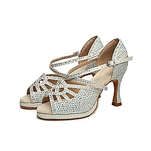 Minishion Women's Dance Heel Platform Toe Rhinestone Dancing Shoes L458 Silver US 4