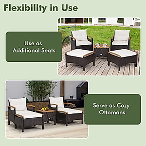 HAPPYGRILL 5 Pieces Patio Furniture Set Outdoor PE Wicker Lounge Chair and Ottoman Set with Cushions and Side Table with Acacia Wood Tabletop, Outdoor Conversation Set for Garden Poolside Backyard