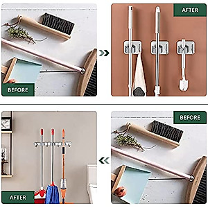 JiGiU Mop and Broom Holder, 1+3 Mop Broom Organizer Set 16 inch Installation Broom Mop Hanger(3 Position 4 Hooks) and 3Pcs Mop Hooks Wall Mounted Self Adhesive Stainless Steel for Garden,Garage