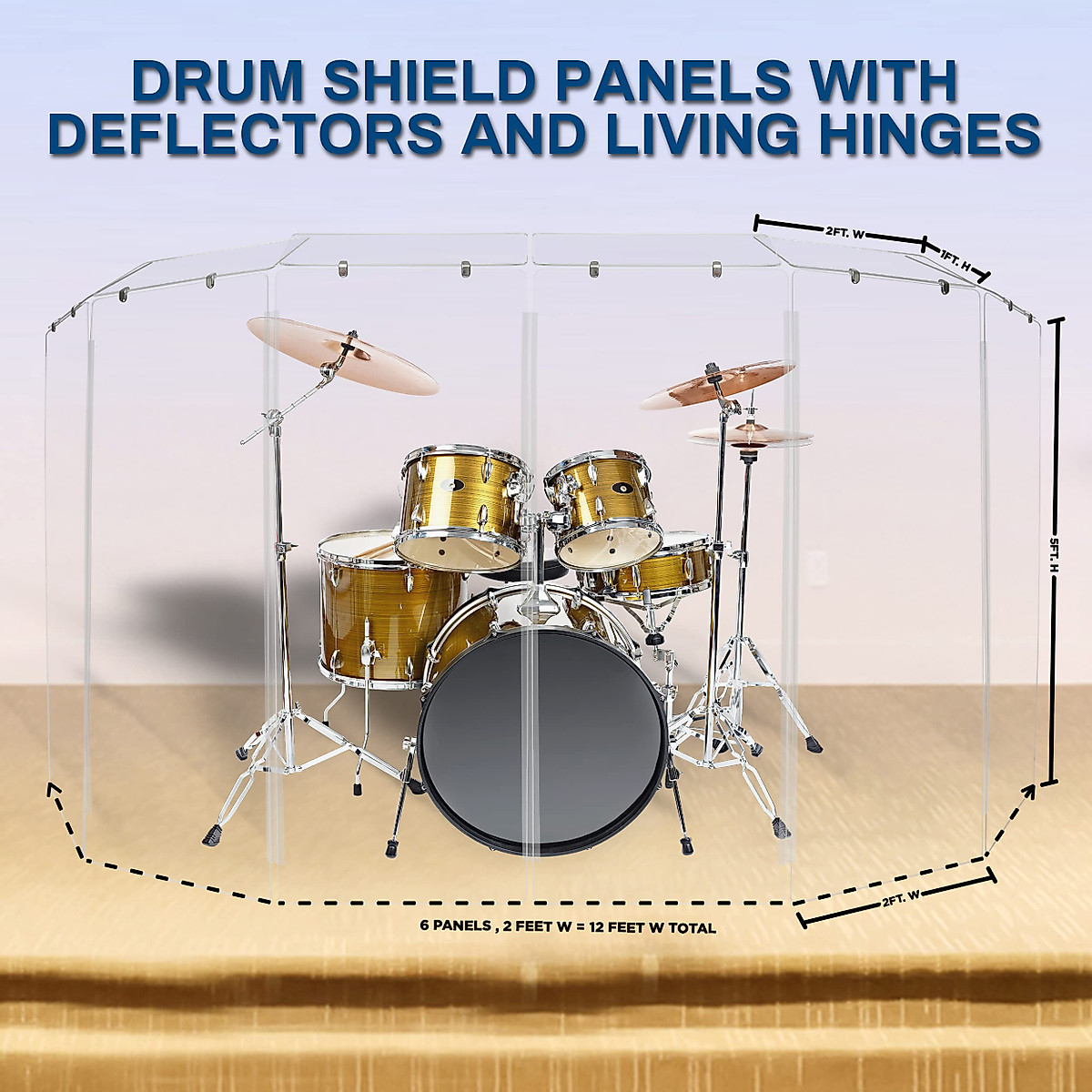 PENNZONI Drum Shield 4ft w/Deflectors & Living Hinges, Comes w/ 6 Drum Panels, Living Hinges & Deflectors Connectors, Premium Clear Acrylic Panels