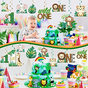 16pcs Wild One Birthday Decorations Hanging Swirls for Boys Girls, Jungle Safari Theme 1st Birthday Foil Swirls Party Supplies, Safari Animal First Bday Ceiling Sign Decor