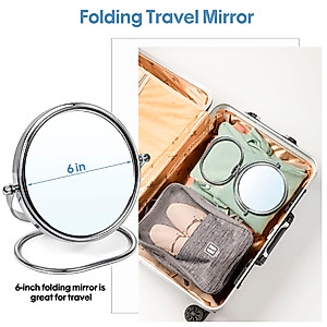 Portable Folding Travel Makeup Mirror,1X/10X Magnifying Vanity Mirror,6” Double-Sided 360° Swivel,Handheld & Wall Hanging Metal Mirror for Home and On-the-Go Use,Travel Storage Bag Included,No Light