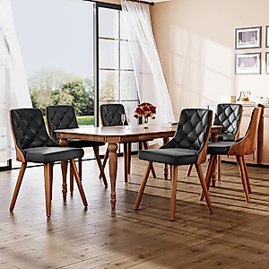 Aowos Dining Chairs Set of 2, Mid Century Modern PU Leather Upholstered Kitchen Chairs with Walnut Back and Iron Legs, Comfortable Seating for Kitchen, Dining Room, Bar Counter, Living Room (Black)