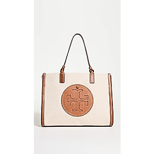 Tory Burch Women's Ella Canvas Small Tote, Natural/Classic Cuoio, Off White, One Size