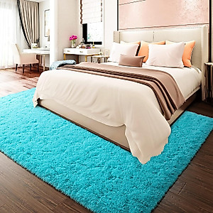 Merelax Soft Modern Indoor Large Shaggy Rug for Livingroom Bedroom Dorm Kids Room Home Decorative, Non-Slip Plush Fluffy Furry Fur Area Rugs Comfy Nursery Accent Floor Carpet 8x10 Feet, Teal Blue