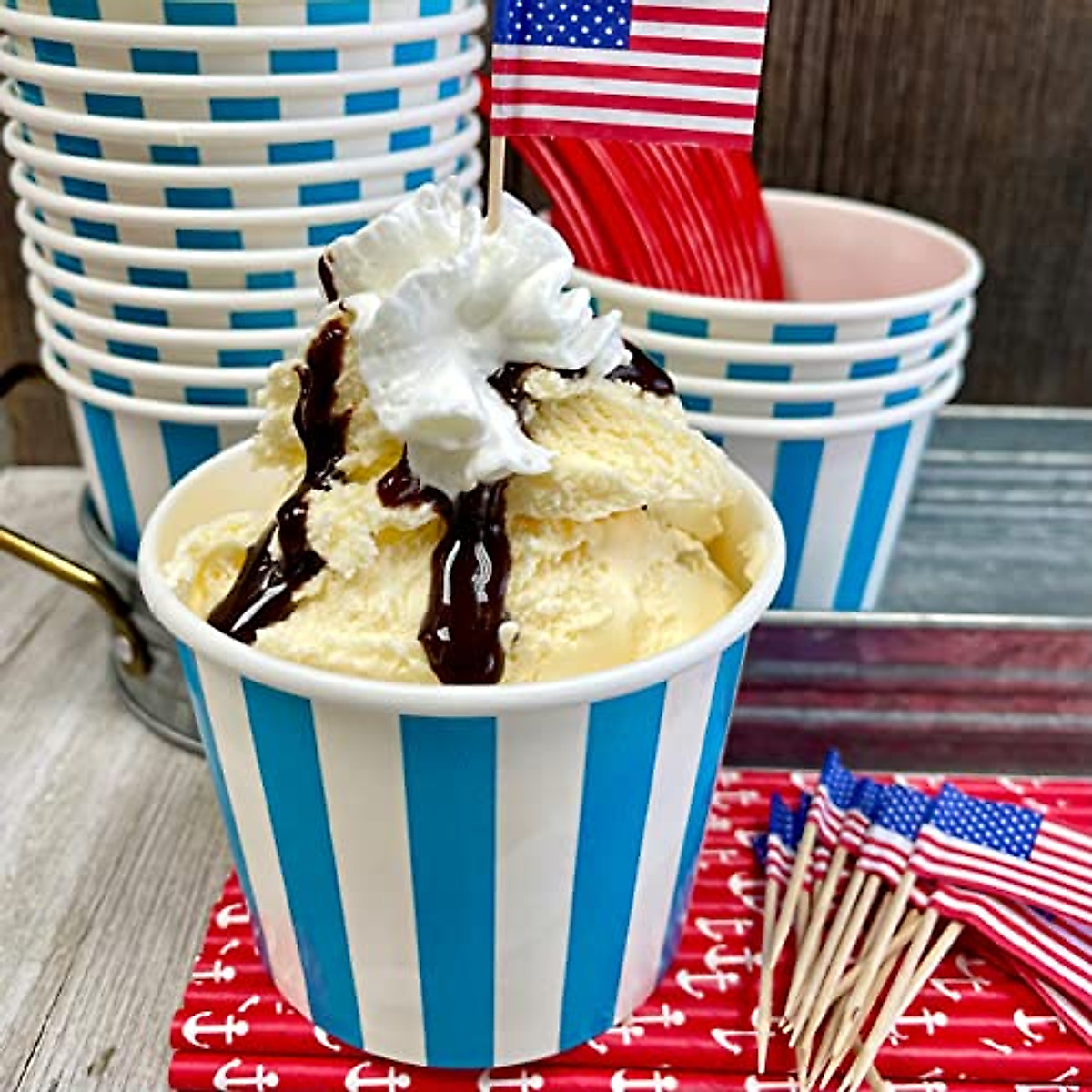 Red White and Blue Ice Cream Sundae Kit - 4th of July Party - 12 Ounce Blue Stripe Paper Treat Cups - Plastic Spoons - American Flag Picks - Paper Straws - 16 Each