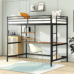 Voohek Metal Multifunctional Loft Bed Full-Size, Bedframe with Desk and Guardrail, Shelve and Ladder, for Kids, Adults, Bedroom, No Box Spring, Black