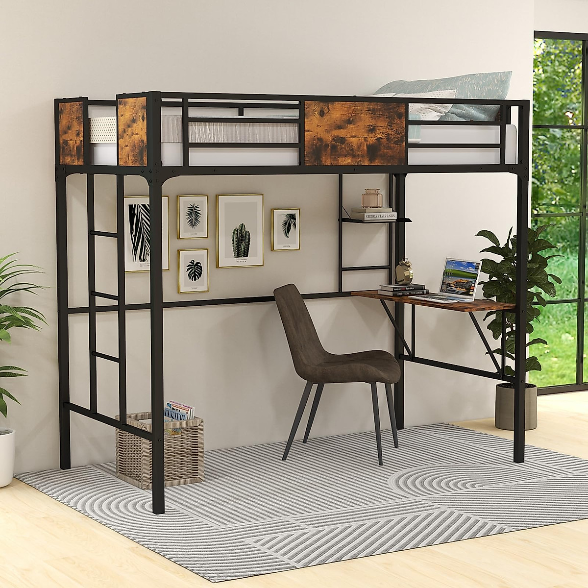 Giantex Metal Twin Loft Bed with Desk and Storage Shelf, Heavy Duty Loft Bed Frame with Build-in Ladder & Safety Guardrail, Space-Saving Twin Size Loft Bed for Teenager and Adult, Black