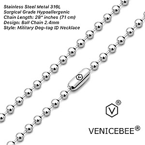 VENICEBEE Best Stainless Steel Ball Chain Medical Grade 316L Surgical Metal Long Dog-Tag ID Military Necklace 28" INCHES 2.4MM Wide Resizable Standard Chain 28 inch + Pouch HYPOALLERGENIC LEAD-FREE