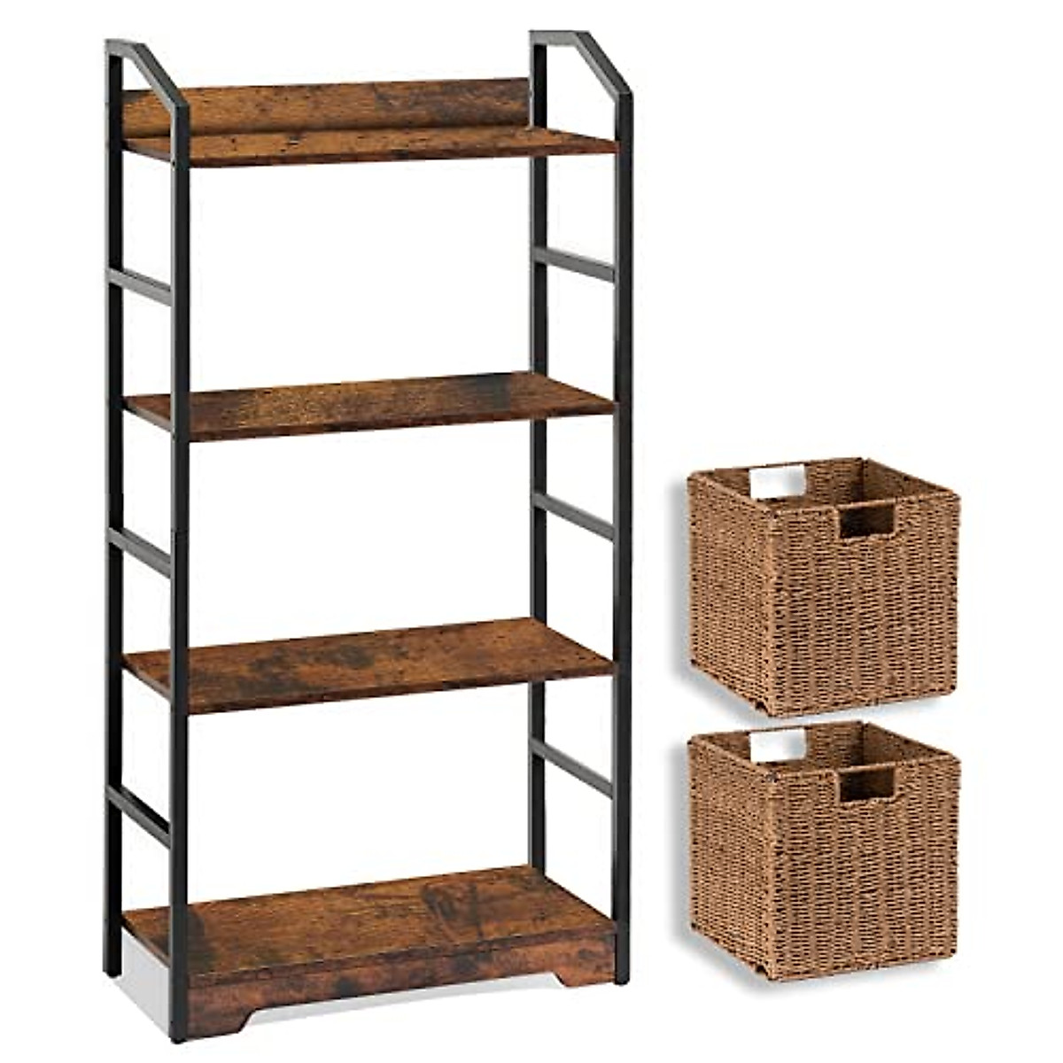 Vagusicc 4 Tier Bookshelf with 2 Storage Baskets, Tall Bookcase Shelf Storage Organizer Wood Book Shelf, Modern Shelf Rack Shelves with Steel Frame, Multipurpose Bookshelf for Bedroom Living Room